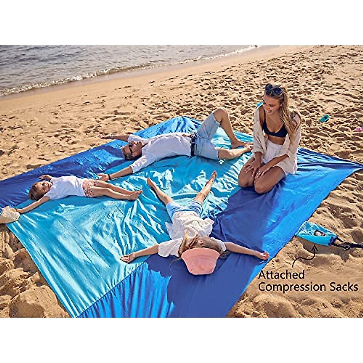 Wekapo Beach Blanket Sandproof, Extra Large Oversized 10'X 9' for 2-8 Adults, Big & Compact Sand Free Mat Quick Drying, Lightweight & Durable with 6 Stakes & 4 Corner Pockets
