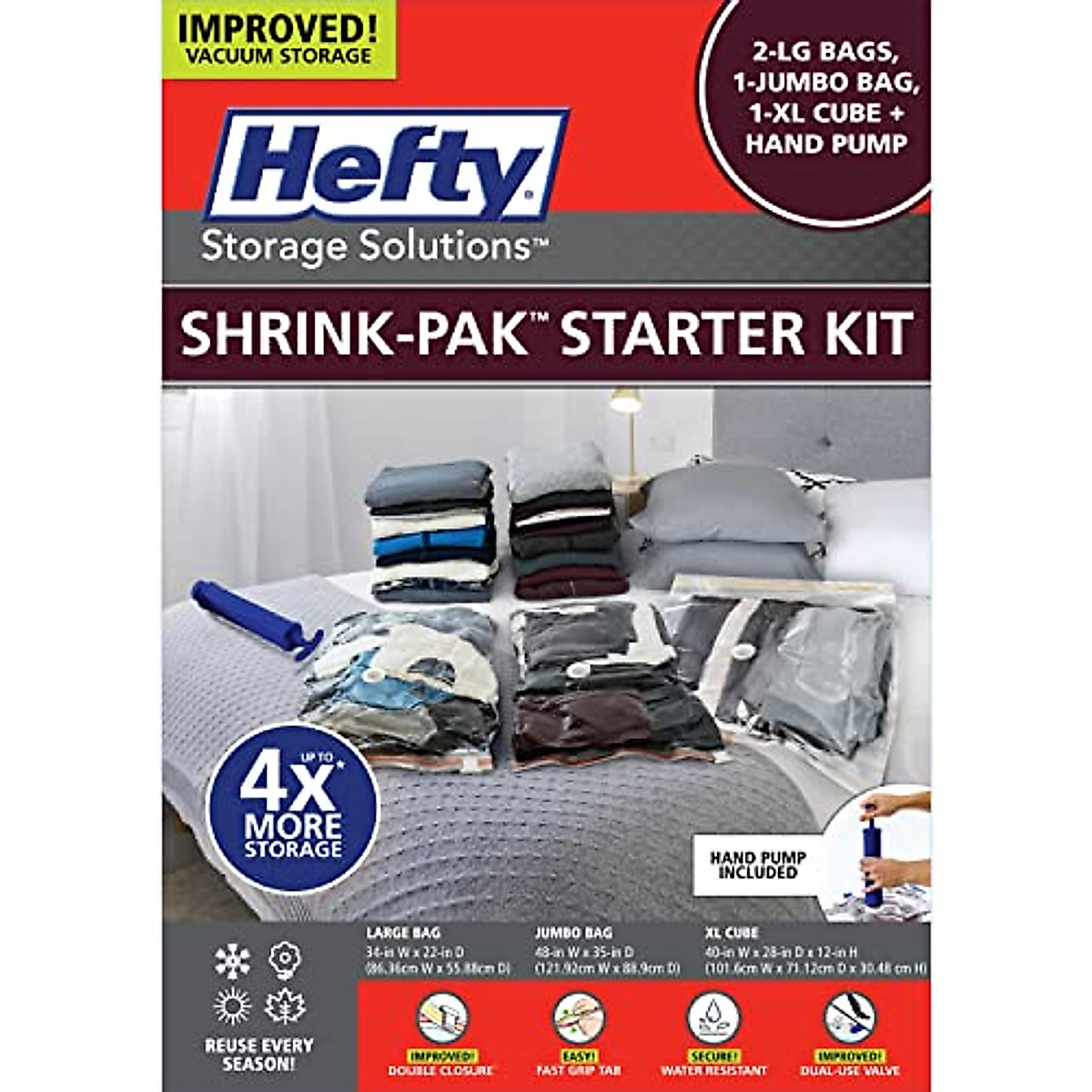 Hefty Super Starter Kit 5L, 3XL, 1XL Cube, and 1 Jumbo Bag, Reusable and Water resistant Vacuum Storage Bags, Total of 10 Bags + Hand Pump