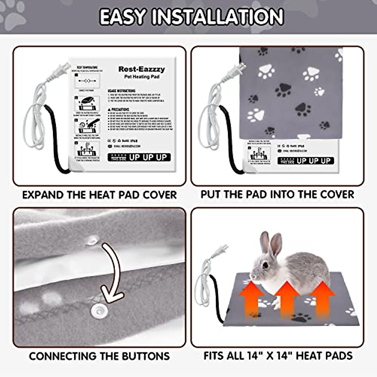 Rest-Eazzzy Pet Heating Pad Indoor, Dog Heating Pad Mat with Removable Cover, Waterproof Heated Dog Pad for Cat Dog, NO Timer and Temp Adjustment (Grey, 14" X 14")