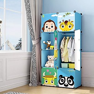 MAGINELS Children Wardrobe Kid Dresser Cute Baby Portable Closet Bedroom Armoire Clothes Hanging Storage Rack Cube Organizer(Blue, 6 Cube & 1 Rod)