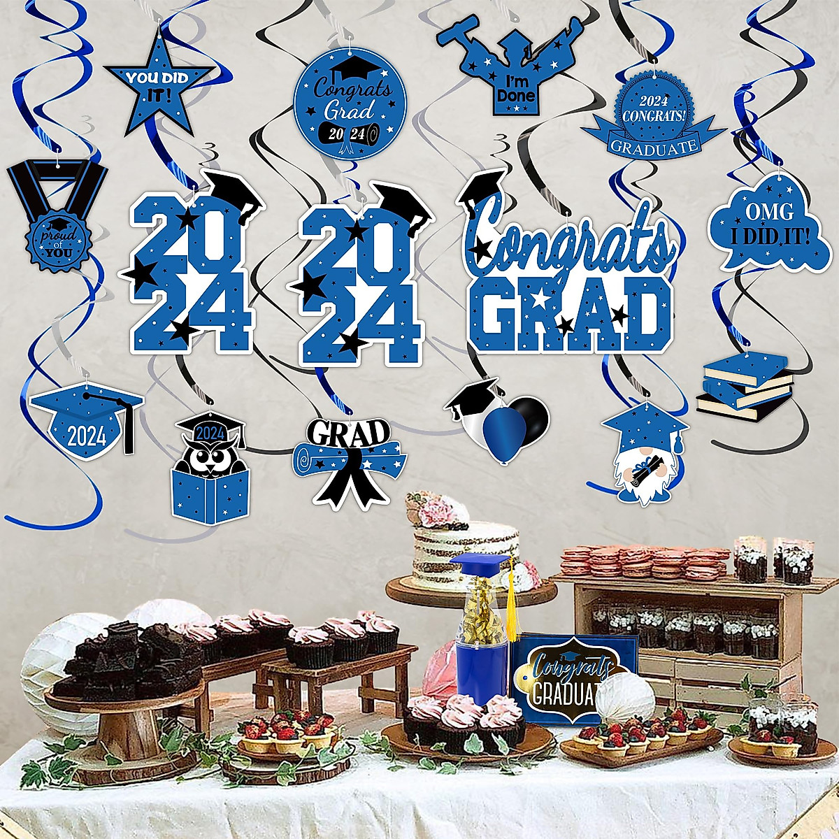 Tifeson Graduation Decorations 2024 Blue - 36 PCS Graduation Party Supplies, Congrats Grad Hanging Swirls Decorations, High School College Graduation Party Decorations Class of 2024 Decor