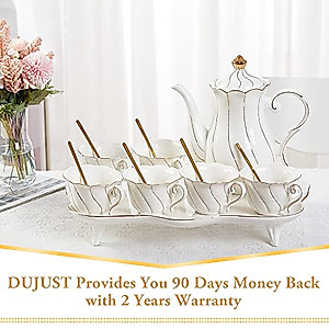DUJUST 14 pcs Tea Set for 6 with Tea Tray & Spoons, Luxury British Style Tea/Coffee Cup Set with Golden Trim, Beautiful Porcelain Tea Set for Living Room Decor, Tea Party Set, Gift Package - White