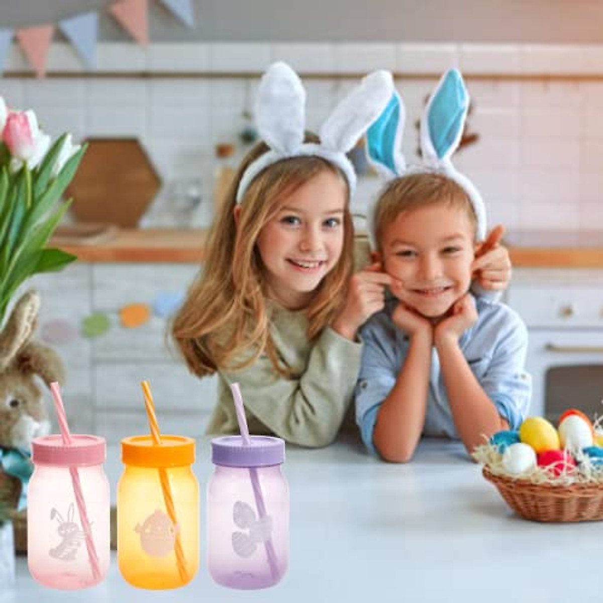 LLE Happy Easter Plastic Pint Jar Tumbler with Lids & Straw, 16oz Pastel Reusable Cups for Kids Adults Drinking Cup Water Juice Bottle Spring Summer Home Indoor Outdoor Use and Gifts Set of 3