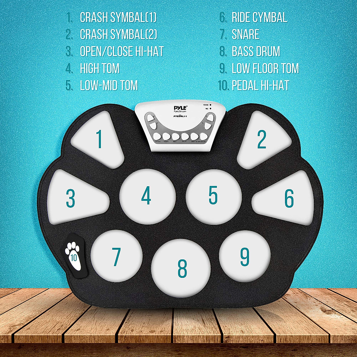 Pyle Compact & Ultra-Thin Portable Machine w/ 9 Electronic Pads, Foot Pedals, Drumsticks, & Power Supply Tabletop Roll Loaded W/Drum Electric Kits & Songs, Headphone Jack