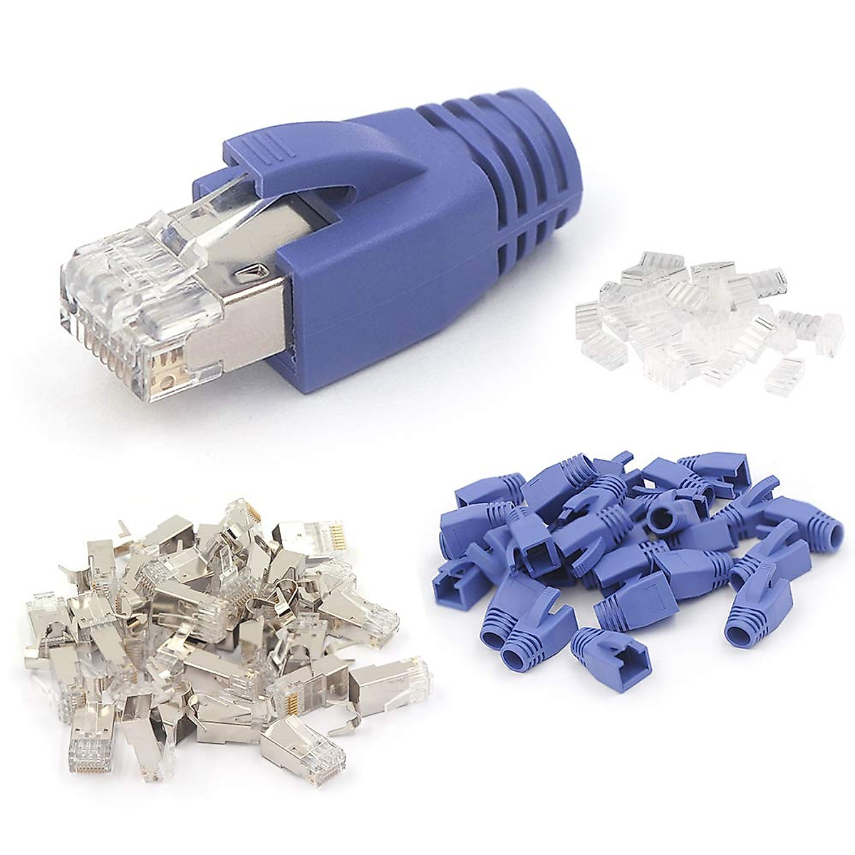 VCE RJ45 Connectors CAT7/CAT6A 30-Pack, Non-Pass-Thru Shielded Modular Plugs for Thick Cable, 3-Prong 50u Gold Plated Ethernet Ends with Strain Relief Boots - Blue