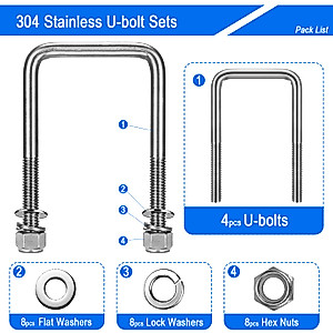 CenterZ 4 Sets Square U Bolts, 3 inch Wide 304 Stainless Steel U-bolt, 1/2" D x 3 1/16" W x 5 5/16" L, 2 1/2 inch Thread Length 4 U Bolt + 8 Nuts, 8 Lock and 8 Flat Washers for Boat Automobile Trailer