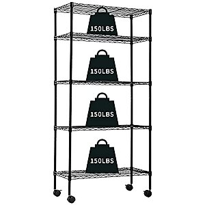 MGHH Garage Shelving, Metal Shelves 5 Tier Wire Shelving Unit Adjustable Heavy Duty Sturdy Steel Shelving Rolling Cart with Casters for Pantry Garage Kitchen, Black