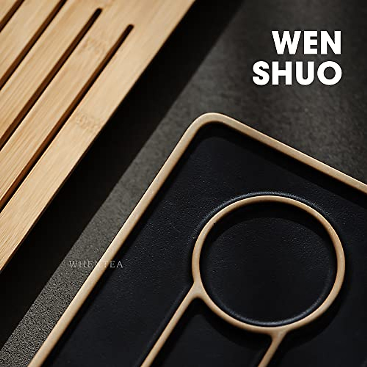 Ceramic Tea Tray, Double-Layer Bamboo Tray, for Tea Table (Rectangle, Black)