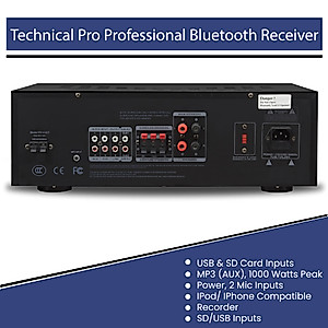 Technical Pro Professional 1000 Watts Receiver with USB SD Card Inputs, 2 Mic Inputs, Recorder, and Wireless Remote