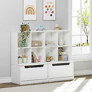 UTEX Kids Bookshelf and Toy Storage Organizer, Toddlers Bookcase with Cubbies, Adjustable Wood Shelf with Drawer for Bedroom, Playroom, Nursery, White