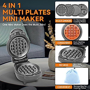 Baker's Friend 4 in 1 Mini Waffle Maker with Removable Plates, A Set of Mini Pancake Maker, Mini Donut Maker, Mini Heart Shape Waffle Maker and Small Waffle Maker, Recipe Included, Graphite