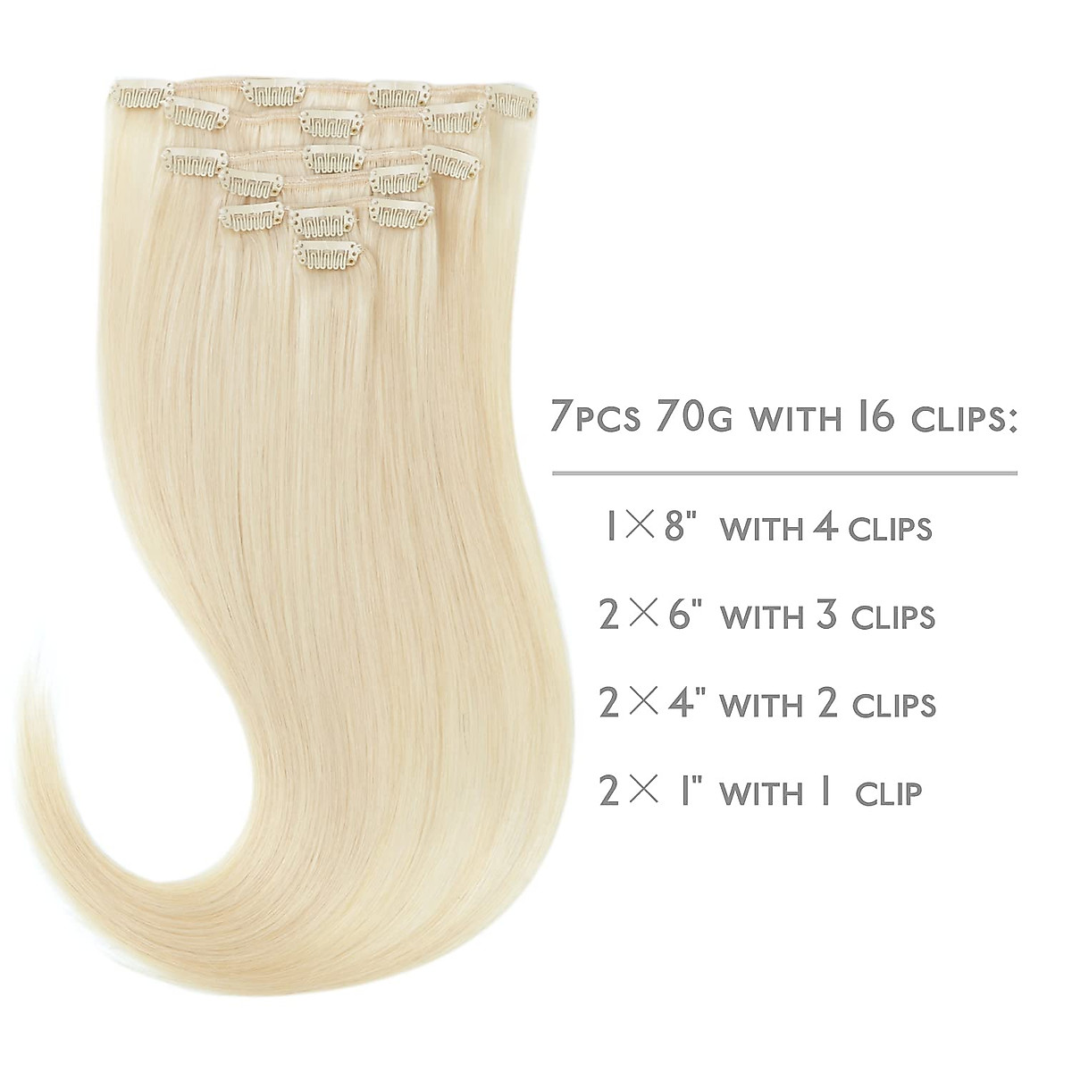 WENNALIFE 70g 20 Inch Light Platinum Blonde Real Short Remy Clip in Hair Extensions Virgin Human Hair Double Weft for Women