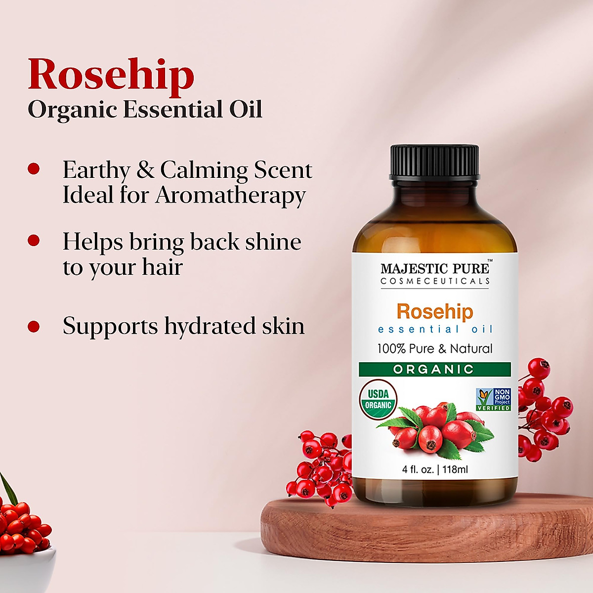 Majestic Pure Organic Rosehip Oil | USDA Organic Oil Rose Hip for Face, Skin, Hair & Massage | Acne Scars & Facial Oil | for Women & Men | 4fl oz