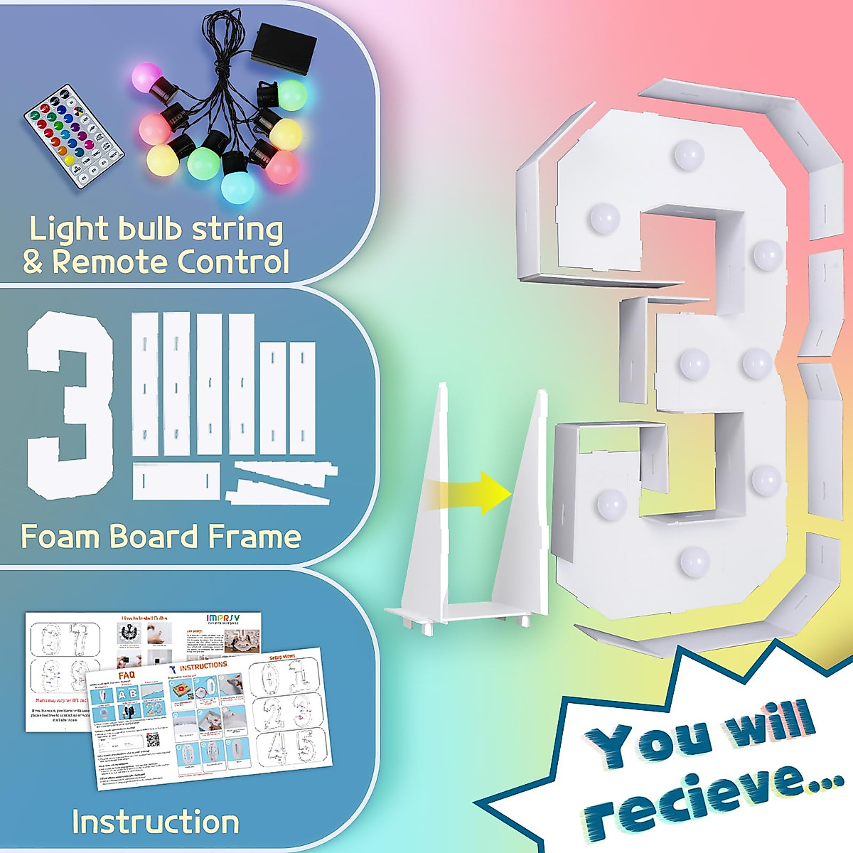 Imprsv 3FT Colorful Light Up Number 3 for Party & Celebrations