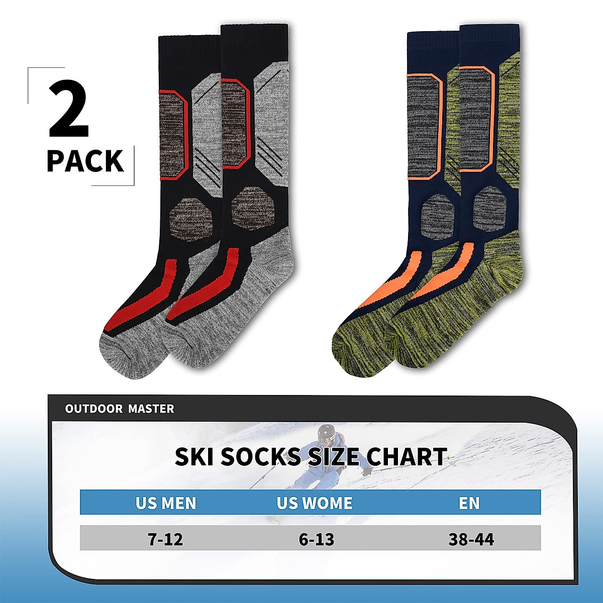 Ski Socks 2 Pairs Pack,Knee High Socks for Men Women Unisex Thick Snow Skiing Snowboard Socks (Fits womens 6-13, fits mens 7-12, Black +Blue)