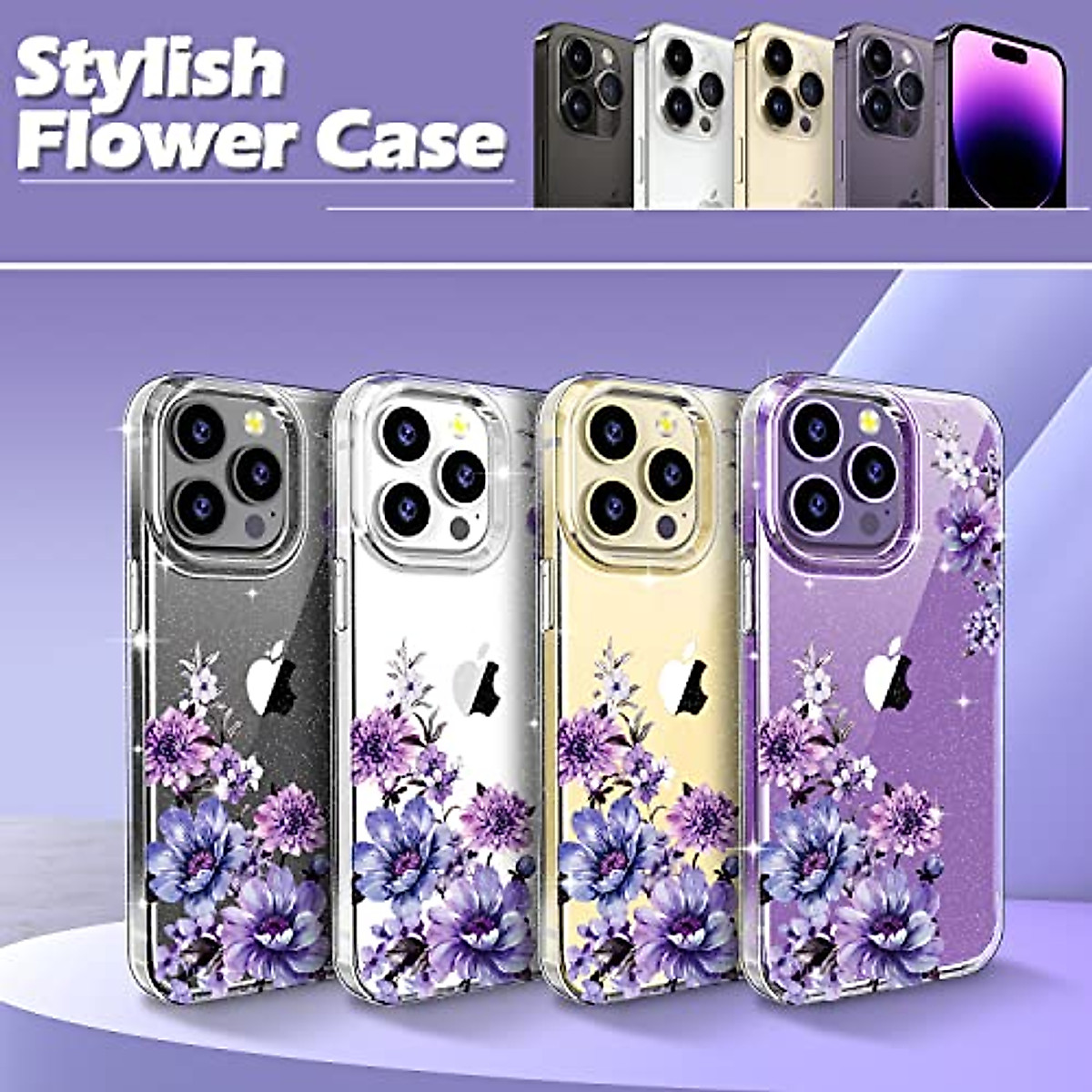 OKP Case [3 in 1] for iPhone 14 Pro, with Screen Protector & Camera Lens Protector, Floral Slim Shockproof Cute Phone Case 6.1 inch 2022 Clear Glitter Protective Cover for Women Girl, (Purple/01)