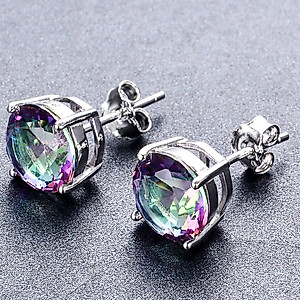 WEILYDF Plated Silver Opal Stud Earrings, 6mm Round Stud Earrings in White Gold or Rose Gold for Women (Rainbow Color-8mm)