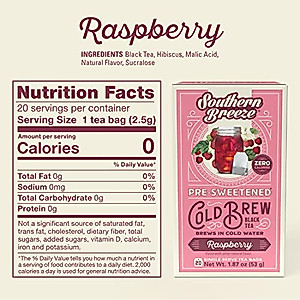 Southern Breeze Cold Brew Sweet Tea Raspberry Iced Tea with Black Tea and Zero Carbs Zero Sugar, 20 Individually Wrapped Tea Bags (Pack of 2) Southern Sweet Tea Iced Tea Beverage
