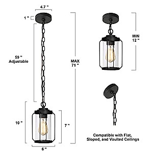 LALUZ Outdoor Pendant Light, Matte Black Exterior Hanging Lantern, Anti-Rust Outdoor Hanging Light Fixture with Clear Glass, Farmhouse Outdoor Porch Chandelier for Gazebo, Patio, Yard, 10”