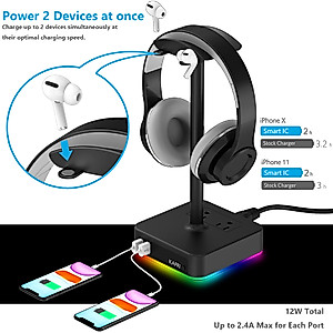 KAFRI RGB Headphone Stand with USB Charger Desk Gaming Headset Holder Hanger Rack with 2 USB Charging Ports and 2 Outlet - Suitable for Gamer Desktop Table Game Earphone Accessories Boyfriend Gift