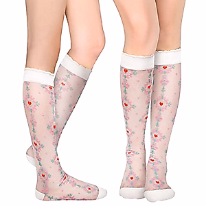 Benefeet Sox Womens Girls Cute Lace Knee High Socks Purple Sheer Mesh Knee High Stockings Transparent See Through Ultra Thin Silk Fancy Flower Patterned Printed Long Stocking Socks, Purple Floral