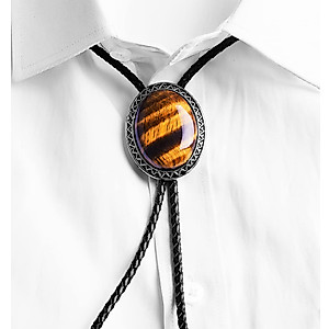 Moranse Bolo Tie with Natural Tiger Eye Stone Celtic Style Genuine and Cowhide Rope(Tiger Eyes 1 Style)