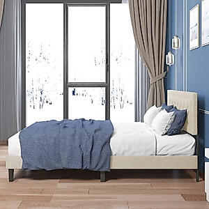 Mjkone Queen Size Bed Frame with Adjustable Headboard,Platform Bed Frame with Button Tufted Linen Fabric,Upholstered Bed with Strong Metal Frame/Wood Slats Support,Easy Assembly-Beige