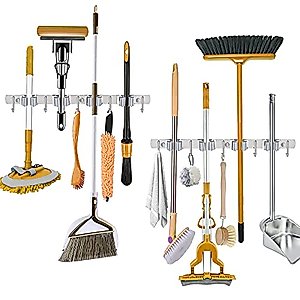 Saxhorn Broom Holder Wall Mount, Mop Holder Organizer Wall Mounted Broom Hanger for Home, Kitchen, Garden, Garage, Laundry Room Organization and Storage(2Pack, 4 Racks 5 Hooks)