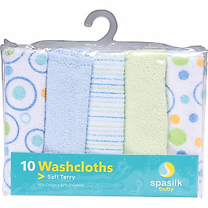 Spasilk Washcloth Wipes Set for Newborn Boys and Girls, Soft Terry Washcloth Set, Pack of 10, Blue Circles