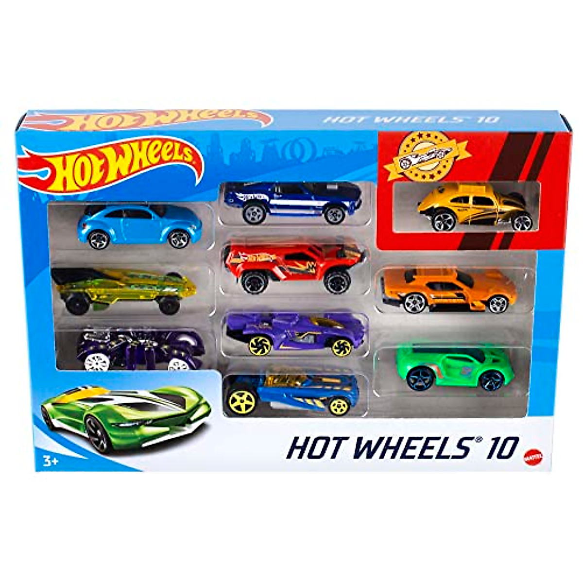 Hot Wheels Set of 10 Toy Cars & Trucks in 1:64 Scale, Race Cars, Semi, Rescue or Construction Trucks (Styles May Vary)
