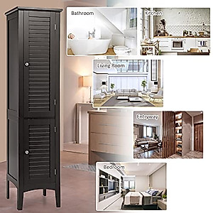 Giantex Storage Cabinet Bathroom High Cabinet with 5 Tier Shelves, Freestanding Slim Cabinet, Tall Organizer for Bathroom, Kitchen, Living Room, Bedroom Linen Tower Narrow Floor Cabinet (Dark Coffee)