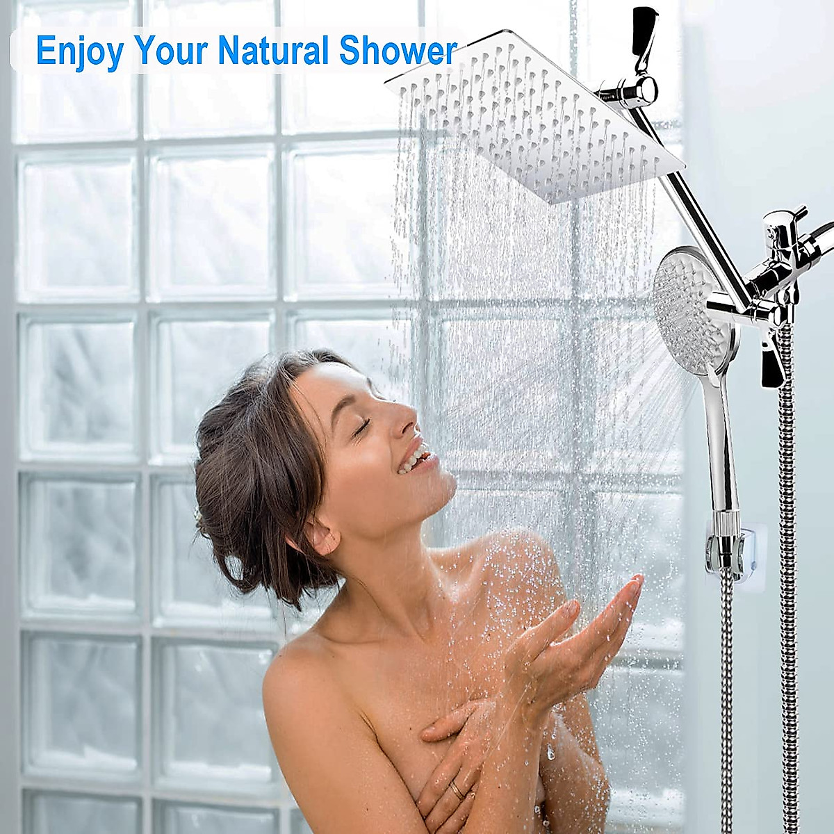 Shower Head, 8'' High Pressure Rainfall Shower Head / Handheld Showerhead Combo with 11'' Extension Arm, CUMIZON 6 Spray Settings Handheld Showerhead with Holder/ Hose, Flow Regulator, Chrome