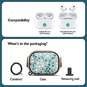 TATOFY case for AirPods Pro 2, AirPods Pro, Lock AirPod Pro 2 Case for Women, Flora Hard case with Carabiner, Support Wireless Charging, LED Visible (Cyan)
