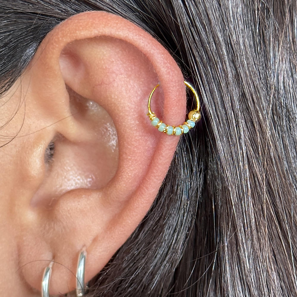 Handmade Gold Pair Small 10MM Cartilgae Helix Piercing Turquoise Beaded Hoop Earrings, Gold Plated over Sterling Silver Thin 22Gauge Beads Hoops for women, By Miya Jewelry