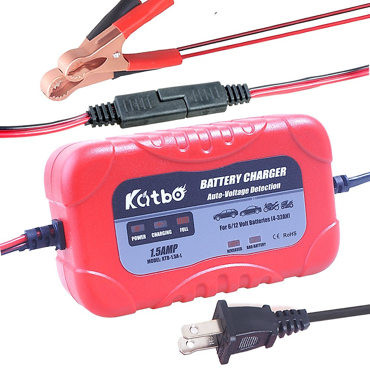 Katbo Battery Charger Automatic Maintainer 6V 12V Automatic Smart for Auto Car Motorcycle Lawn Mower ATVs RVs AGM Gel Lead Acid Batteries