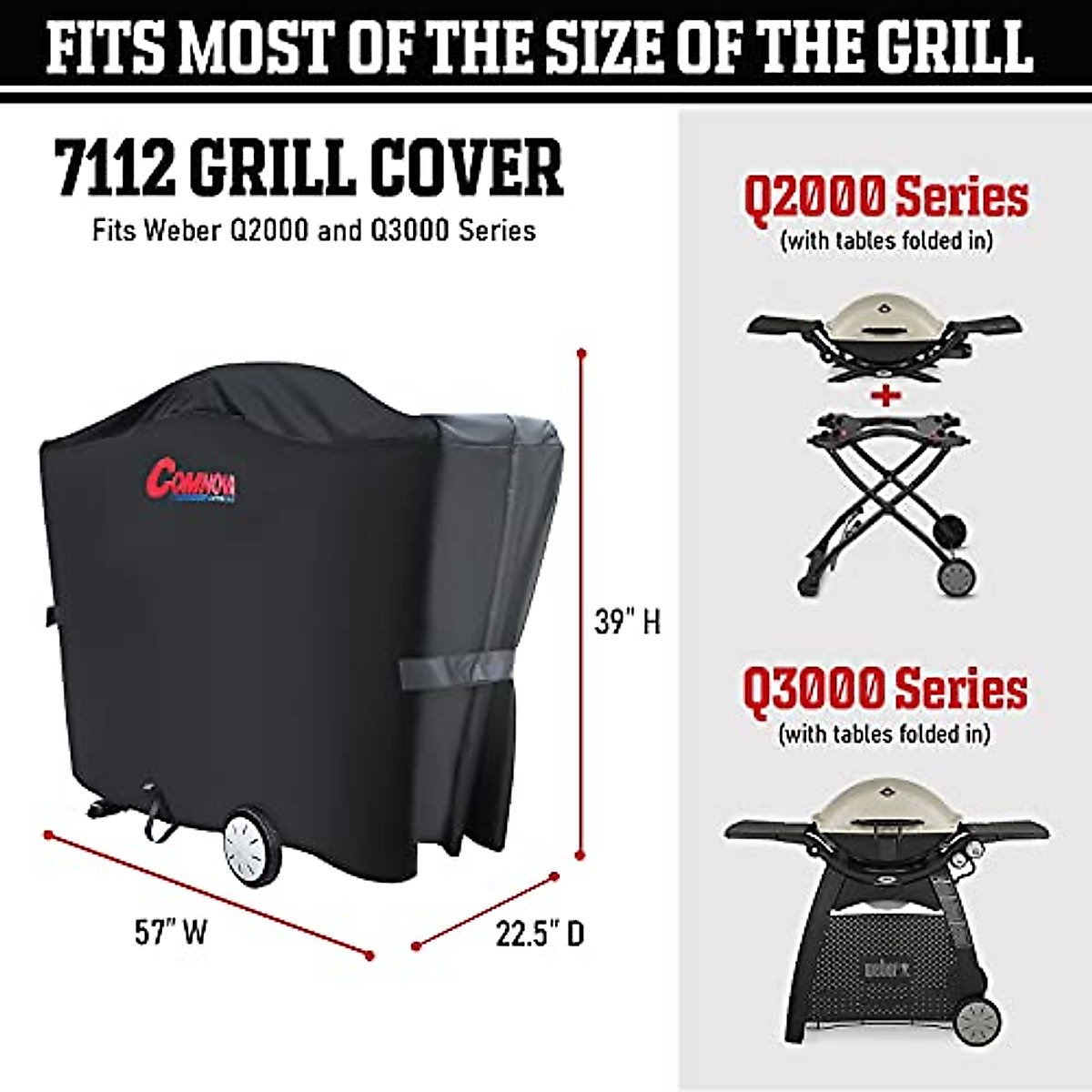 Comnova Grill Cover for Weber Q Grill on Cart - 7112 Grill Cover for Weber Q3000/Q300/Q2000/Q200 with Portable Cart, Heavy-Duty Waterproof BBQ Cover for Weber Q3200, 3000, 320, 300 on Cart