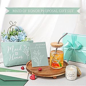 Inbagi Maid of Honor Gifts Box Set of 5 Includes Glass Cup with Lid and Straw Makeup Bag Sage Scented Candle Wedding Invitation Cards Proposal Gifts for Bridal Party Favors (Sage)