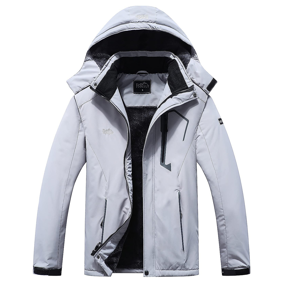 Pooluly Men's Ski Jacket Warm Winter Waterproof Windbreaker Hooded Raincoat Snowboarding Jackets Light Gray-M