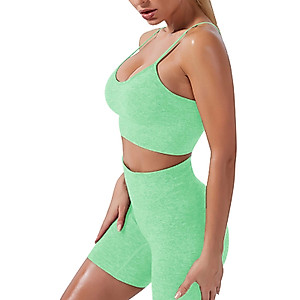 Women's Seamless Yoga Outfits 3 Pieces Workout Short Sleeve Crop Top + Camisole Tank Sports Bra + High Waisted Running Shorts Sets Activewear Athletic Fitness Tracksuit Gym Clothes Mint Green Small