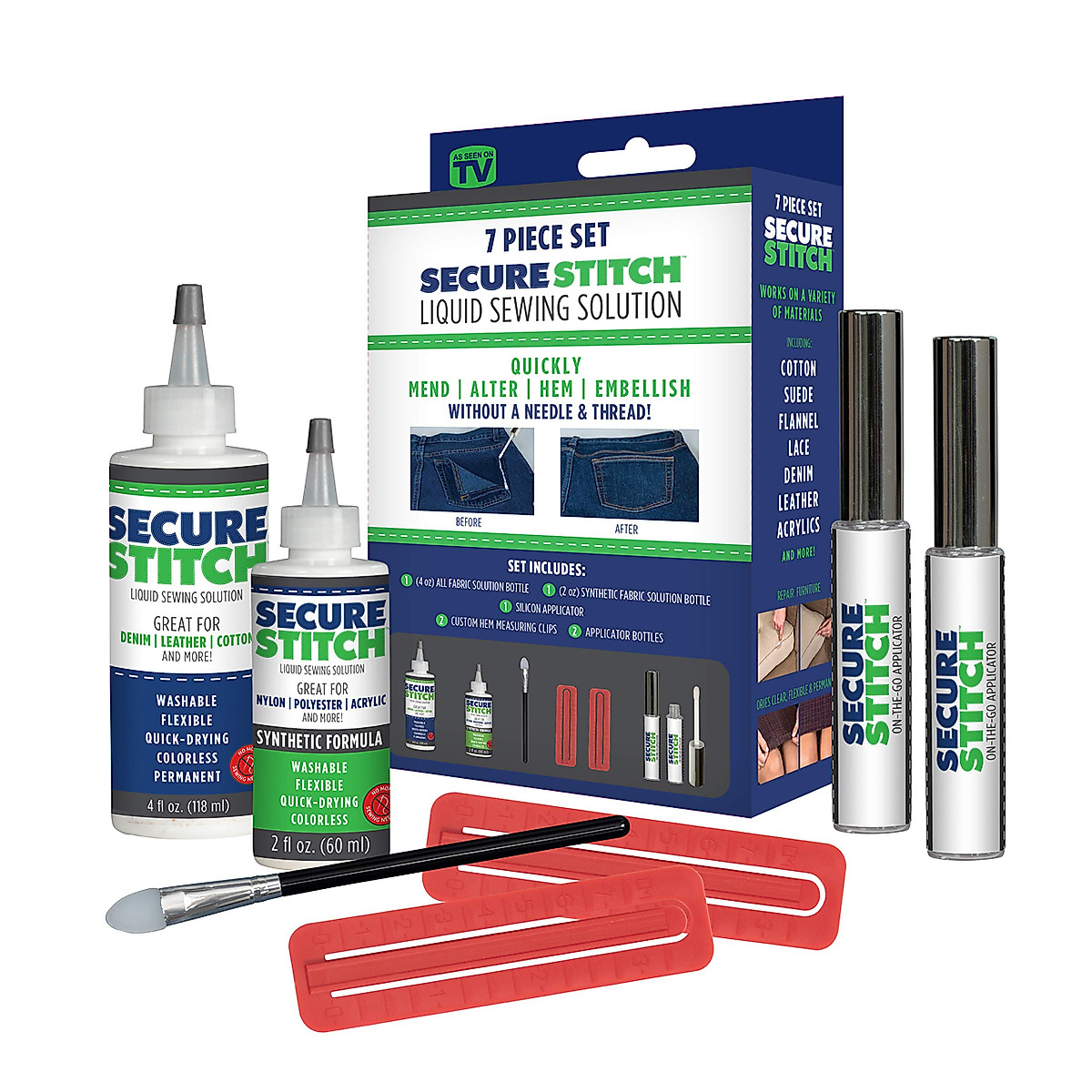 Secure Stitch Liquid Sewing Solution Kit! Fabric Glue That Quickly Mends, Alters, Hems & Embellishes Without a Needle and Thread! Includes: 4oz.Fabric Solution & 2oz All Fabric Solution