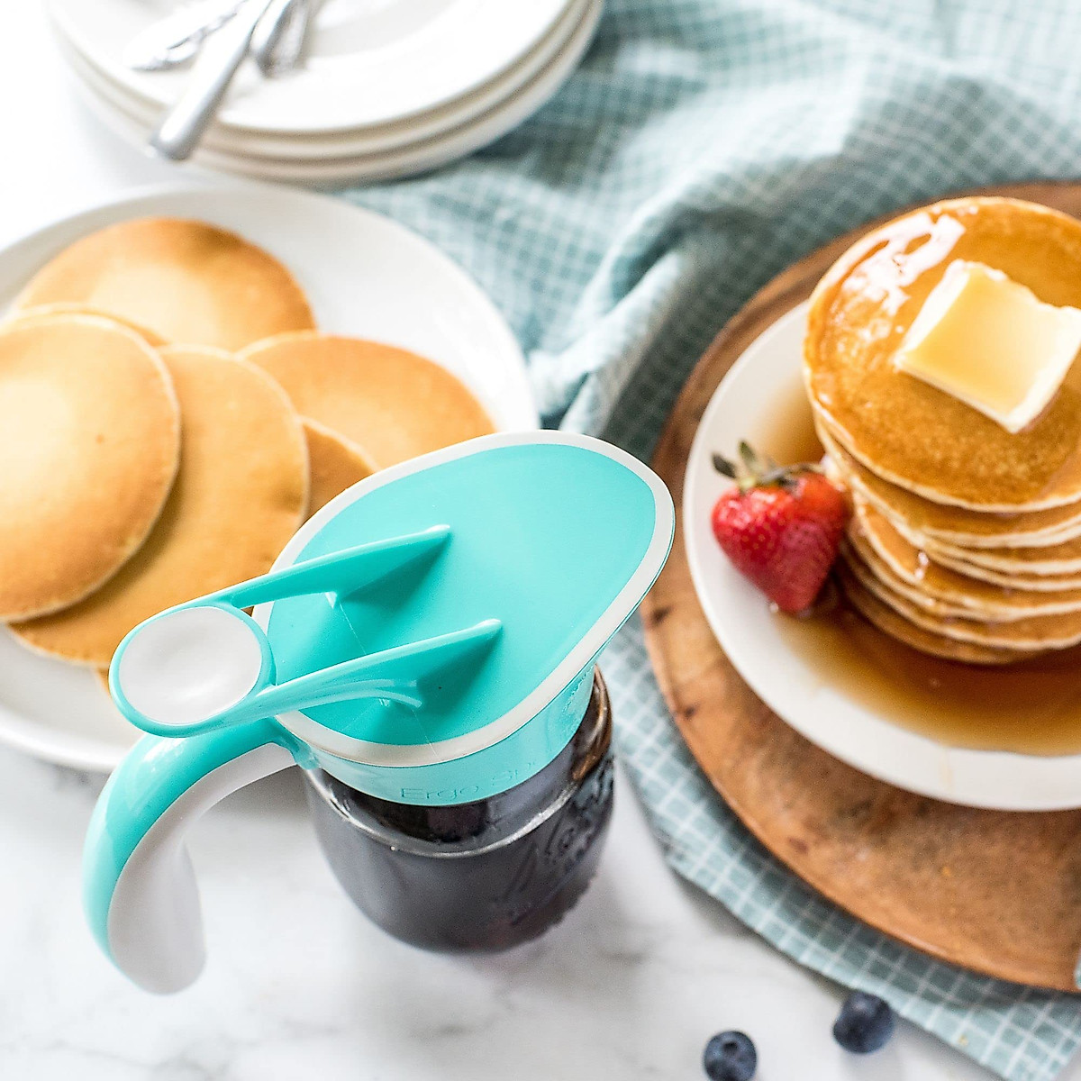 Ergo Spout mason jar traditional styled spout with ergonomic handle for syrup, dressing, gravy, sauce – nonsealing flip top cover (REGULAR MOUTH, Vintage Blue - Teal)