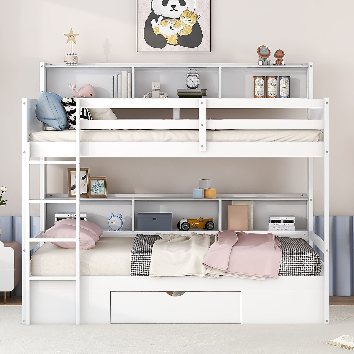 Harper & Bright Designs Bunk Bed Twin Over Twin with Storage,Wood Twin Bunk Beds with Built-in Shelves Beside Both Upper & Down Bed,Multi Storage Bunk Beds with Drawer for Kids Girls Boys,White