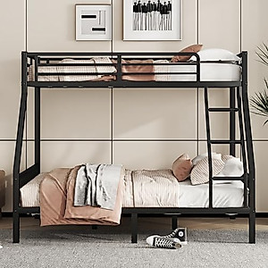 miscoos Twin XL Over Queen Bunk Bed, Heavy Duty Bunk Bed with PVC Rubber Cover Ladder and Full-Length Guardrails, Metal Queen Bed Frame with Slats Support for Adults, Teens, Kids, Black