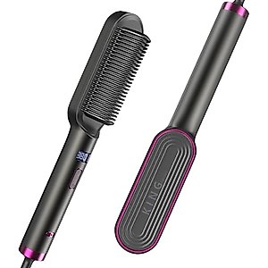 Hair Straightener Brush-Negative Ion Hair Straightener Styling Comb, 9 Temps 30s Fast Heat Straightening Brush with Hot Comb&Led Display, Straightening Comb for Women Curl, Auto Off&Anti Scald-Gray
