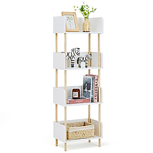 SUNTAGE White Wooden Open Bookcase, Modern Freestanding Bookshelf w/Side Panels, Edge Protection & Solid Wood Frame, Wood Storage Shelves Display Stand for Bedroom, Living Room & Home Office (4 Tier)