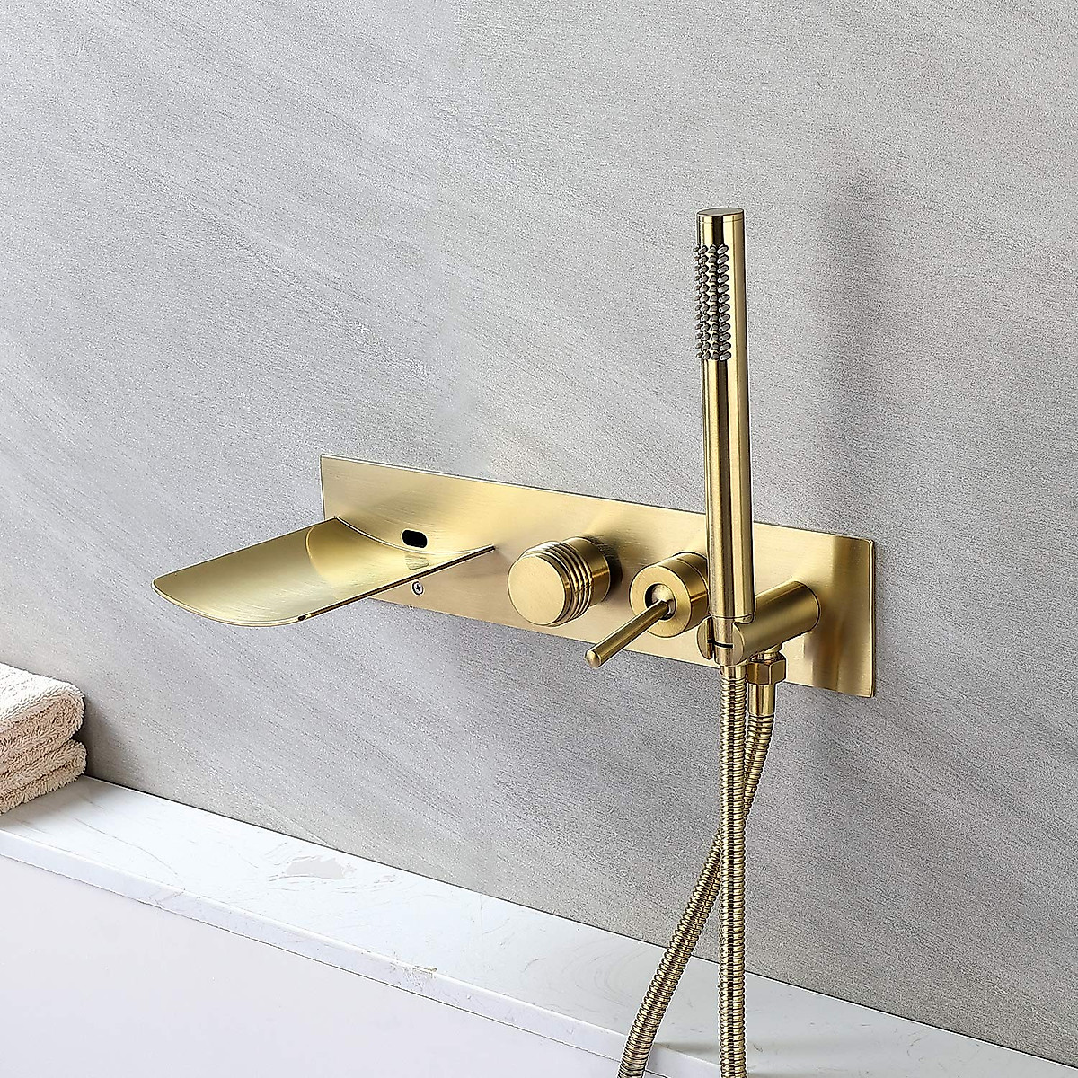 Homelava Waterfall Basin Sink Wall Tap Faucet, Metal Bar Tap Bathtub Shower Tap with Hand Wash Faucet, Rain Faucet Kit Basin Water Control System for Kitchen and Bathroom Gold