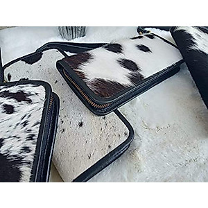 Womens Zipper Wristlet Clutch - Black White Cow Hide Cow Skin Leather Hand Clutch Zip Phone Wallet Clutch Card Case 8' X 4' - Gift for her