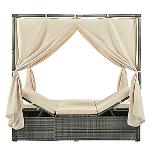 Patio Chaise Lounge, PE Rattan Outdoor Patio Wicker Sunbed Daybed with Adjustable Seats, Four-sided Canopy, Overhead Curtain and Beige Cushions for Backyard, Garden, Poolside (for 2-6 people)
