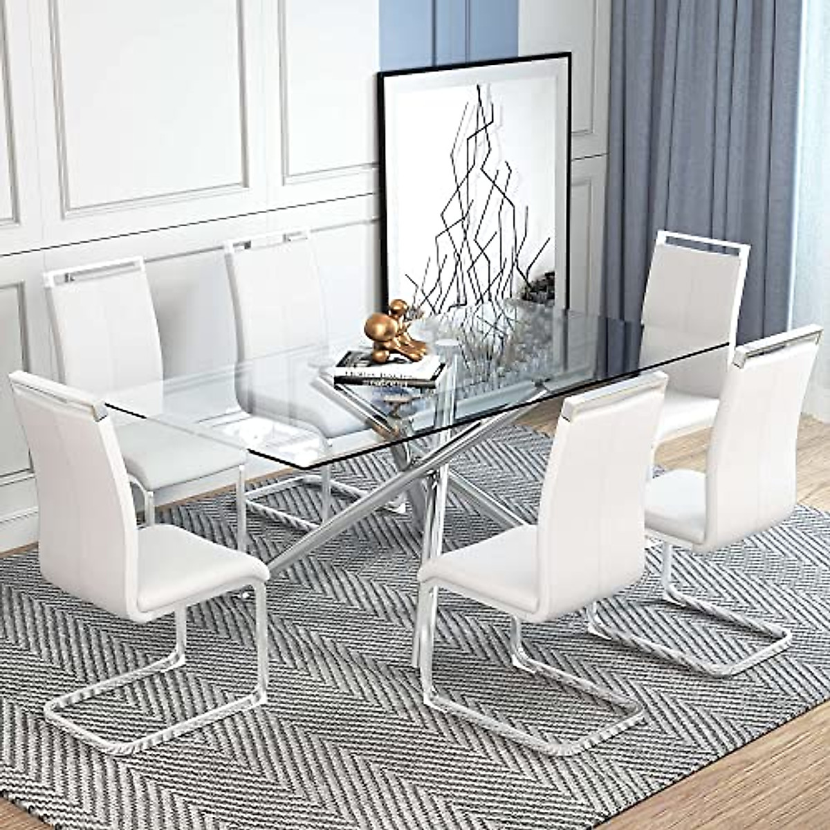 63 inch Glass Dining Table for 6, Silver Legs Rectangular Glass Kitchen Table, Glass Top Dining Table for 4-6 Persons Table Furniture for Home Office Kitchen Dining Room