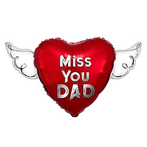 Miss You Dad Heavenly Balloons heart shaped with angel wings (Red)